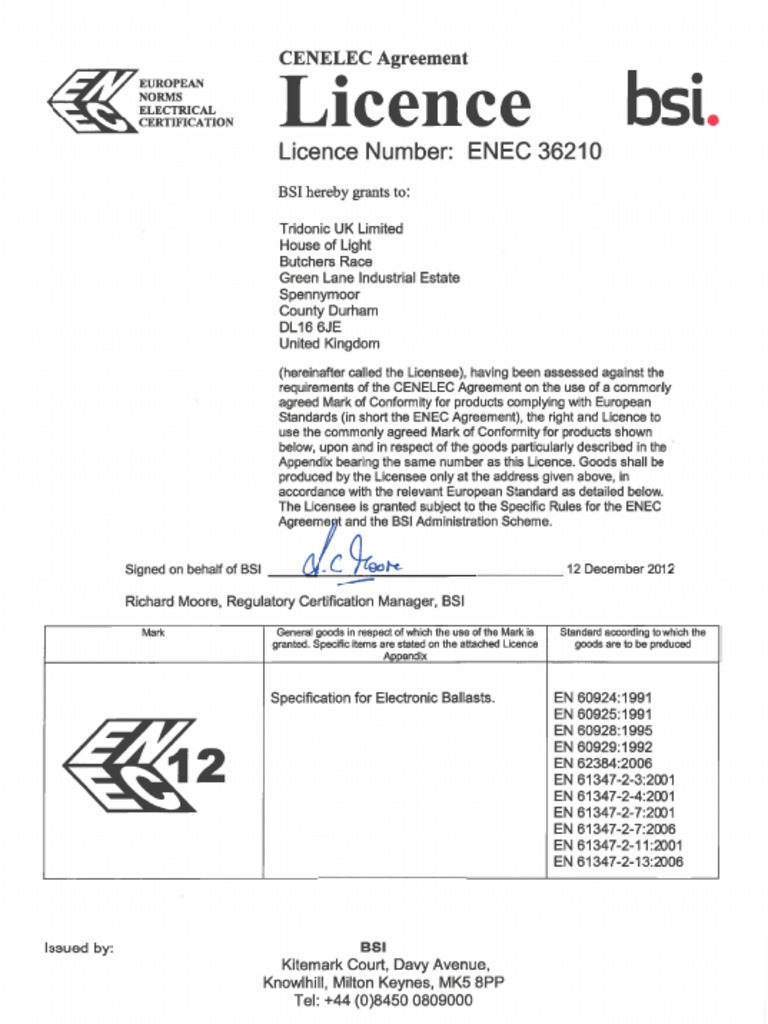 ENEC Certification for Tridonic Products | PDF | Fluorescent Lamp ...