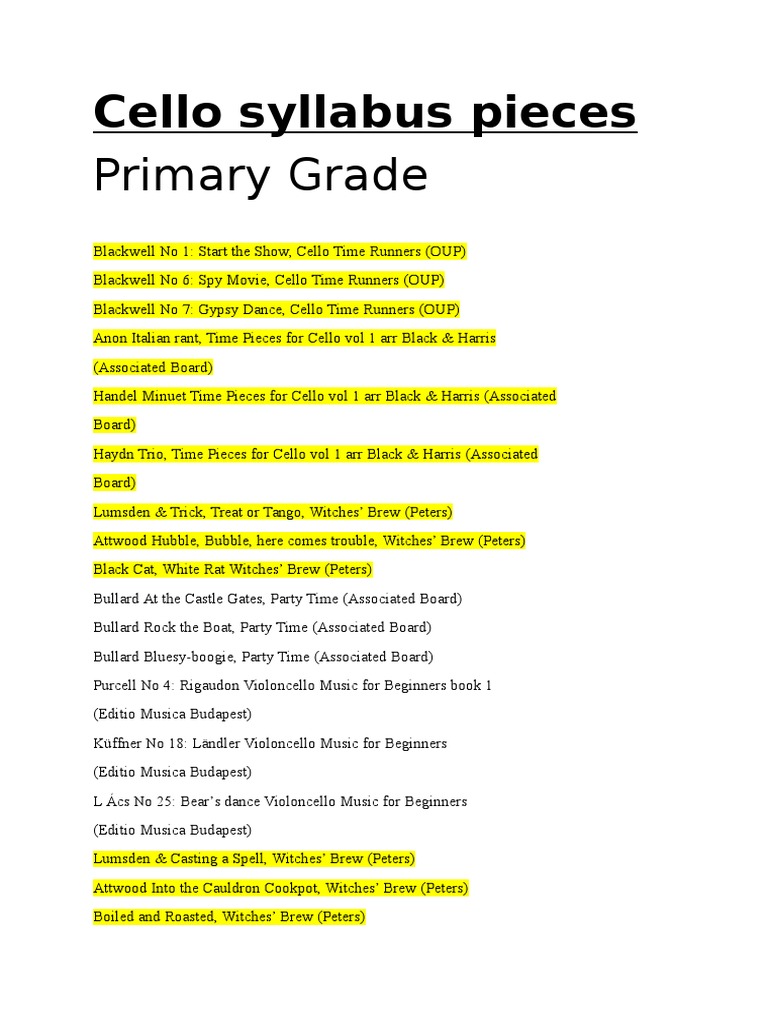 Cello Syllabus: Grade 1-8 Pieces | PDF | Cello | Suite (Music)