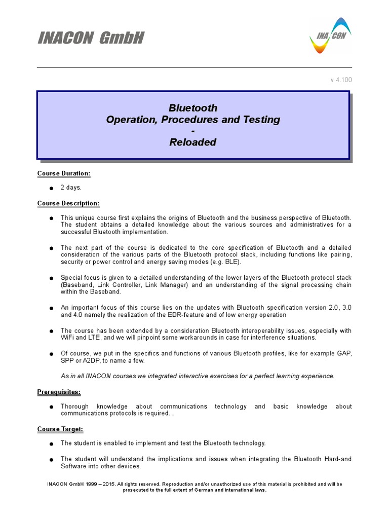Bluetooth Operation Procedures and Testing Reloaded - v4.100 TOC PDF ...