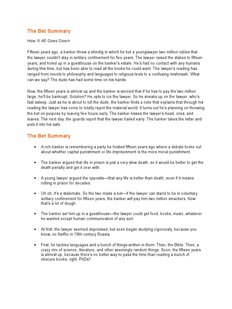 The Bet Summary | PDF | Solitary Confinement | Betting In Poker