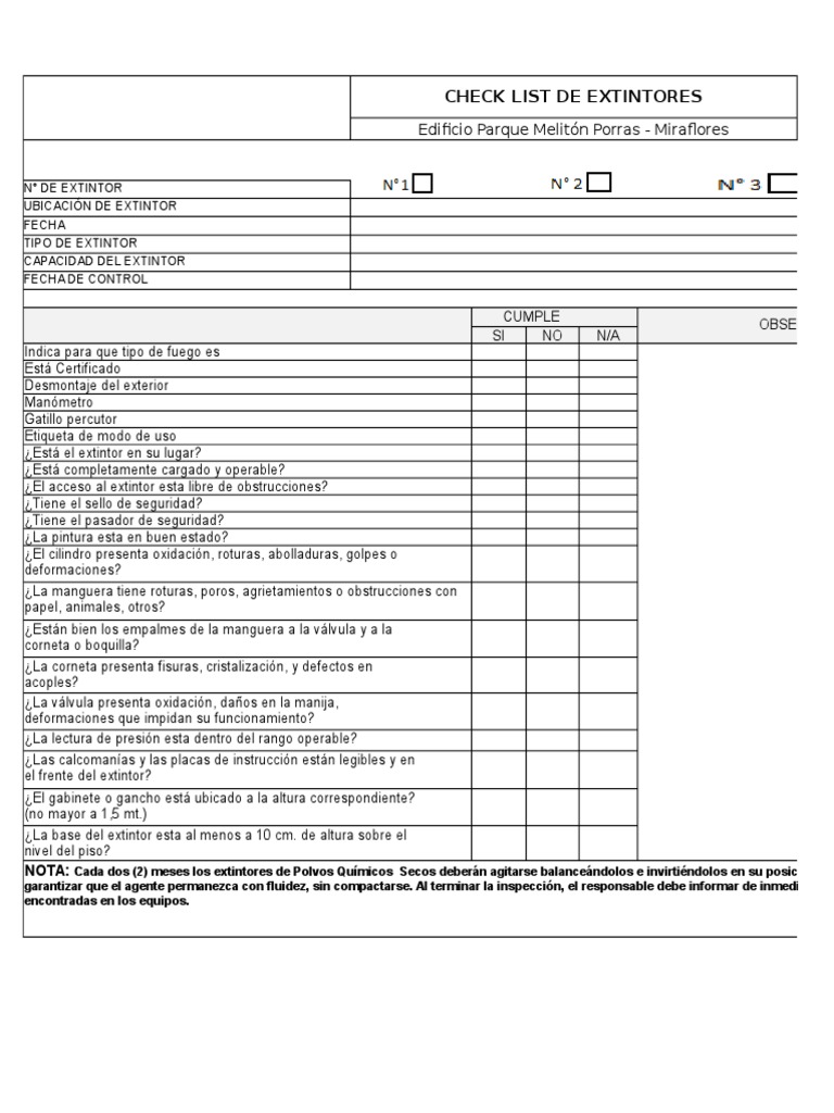 Check List De Extintores: Edificio Parque Melitón Porras - Miraflores