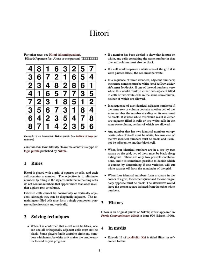 Hitori | PDF | Logic Puzzles | Recreational Mathematics