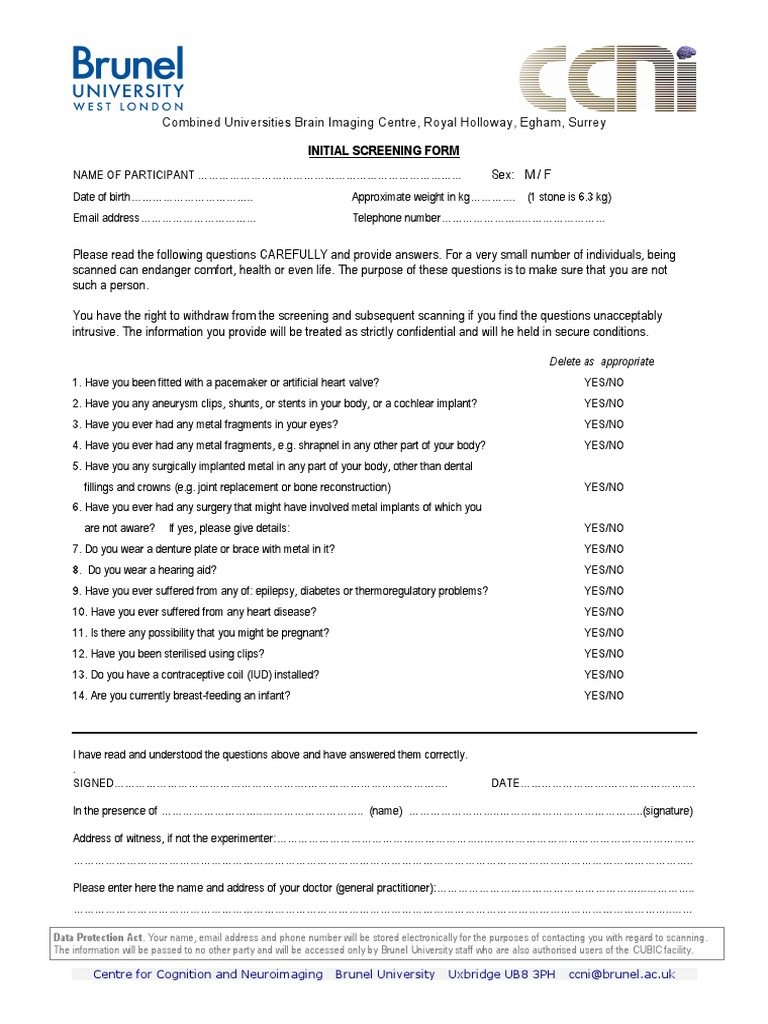 MRI Screening Consent Form Brunel | PDF | Image Scanner | Functional ...