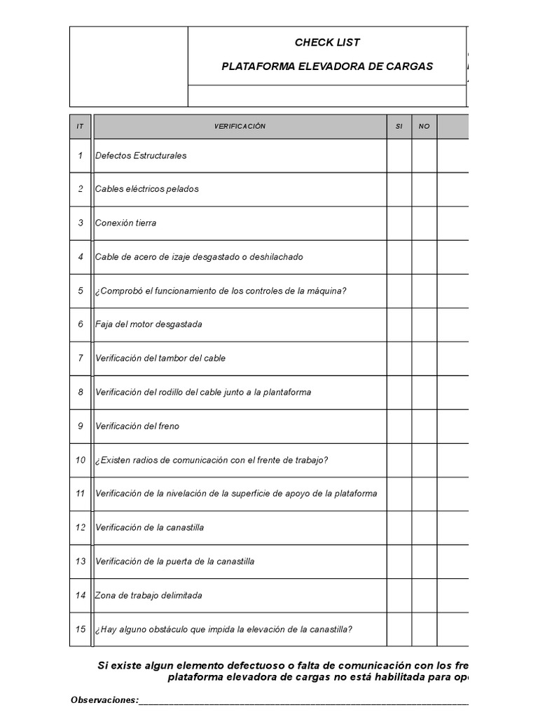 Checklist Plataforma Elevadora de Cargas