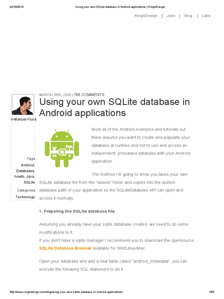 Using Your Own Sqlite Database In Android Applications Reigndesign Pdf Databases