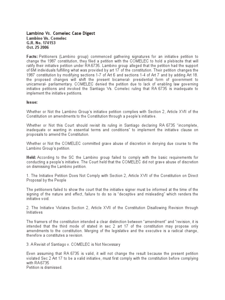 Case Digest For Statcon | PDF | Initiative | Constitutional Amendment