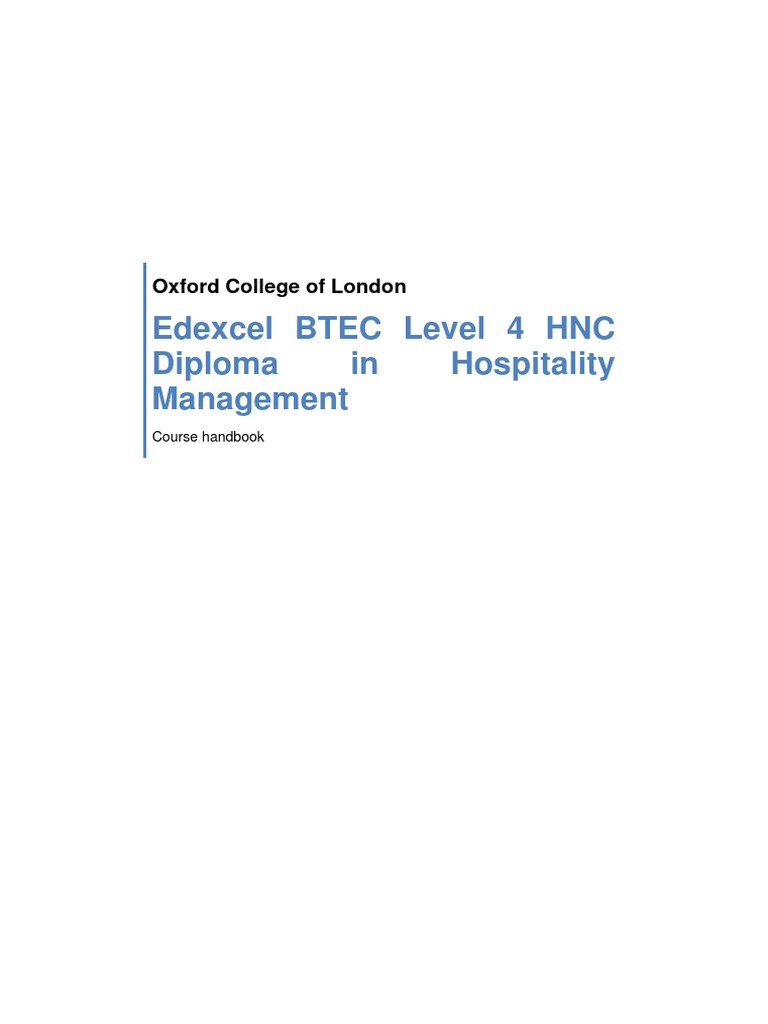 Edexcel BTEC Level 4 HNC Diploma in Hospitality Management Course ...
