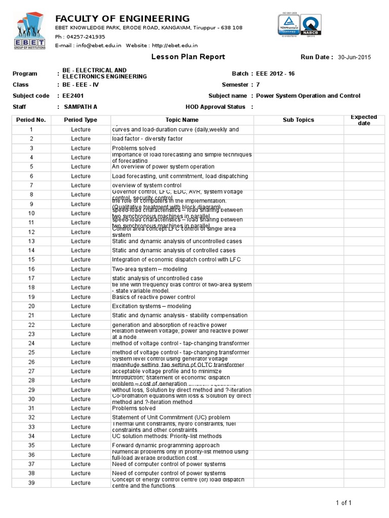 Lession Plan RC008 Power System Operation and Control | PDF | Electric ...