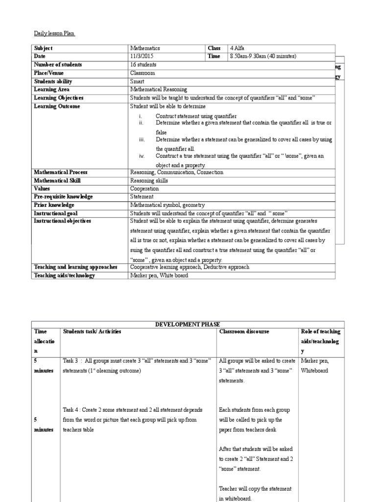 Daily Math Lesson on Quantifiers "All" and "Some | PDF | Lesson Plan ...