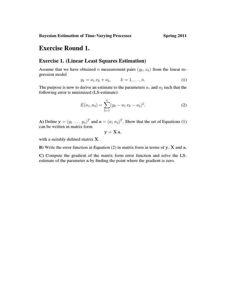 Exercise Round 1.: Exercise 1. (Linear Least Squares Estimation) | PDF | Kalman Filter ...
