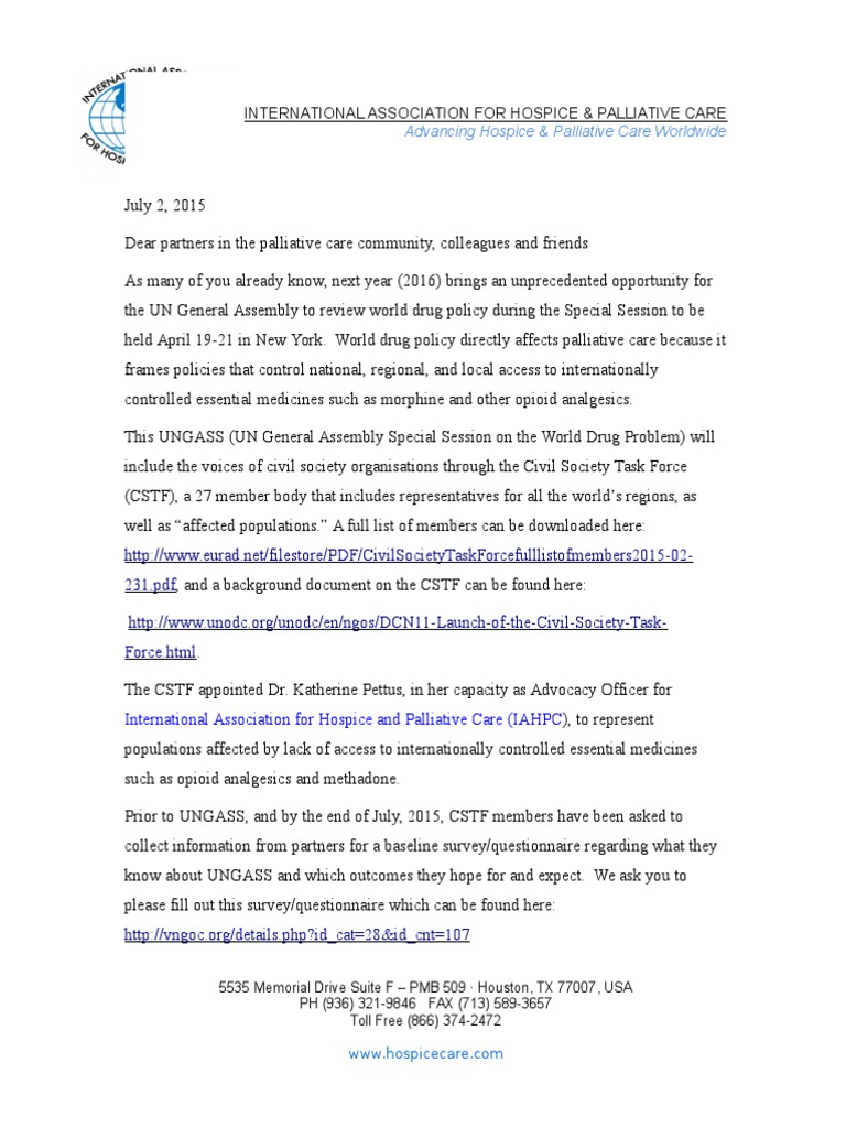 IAHPC Letter To Partners On CSTF Survey FINAL | PDF | Palliative Care | United Nations General ...