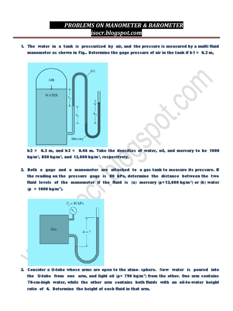 Problems On Manometer & Barometer | PDF | Pressure Measurement | Pressure