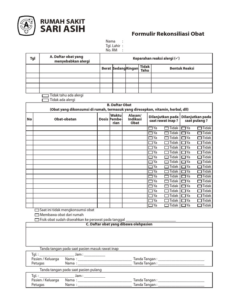 Formulir Rekonsiliasi Obat Rumah Sakit | PDF | Sains & Matematika