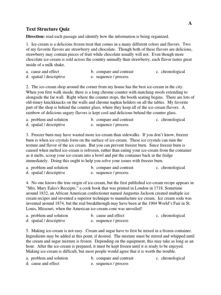 Text Structure Quiz Form A | PDF | Ice Cream | Foods