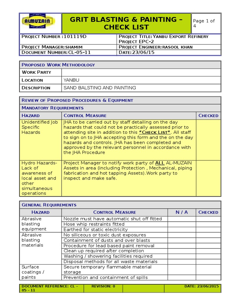 CL-05-11 Grit Blasting - Painting Checklist Template | PDF | Prevention ...