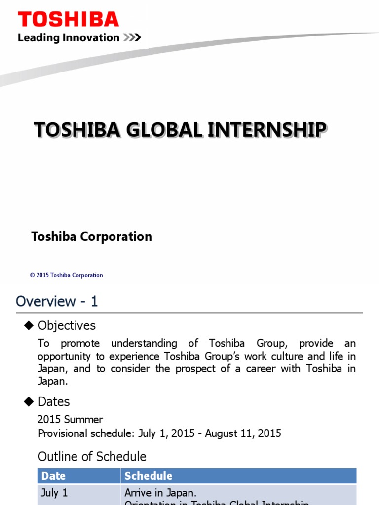 Introduction of Toshiba Global Internship | PDF | Internship | Job Hunting