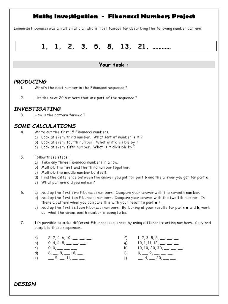 Maths Investigation - Fibonacci Numbers Project: Producing | PDF ...