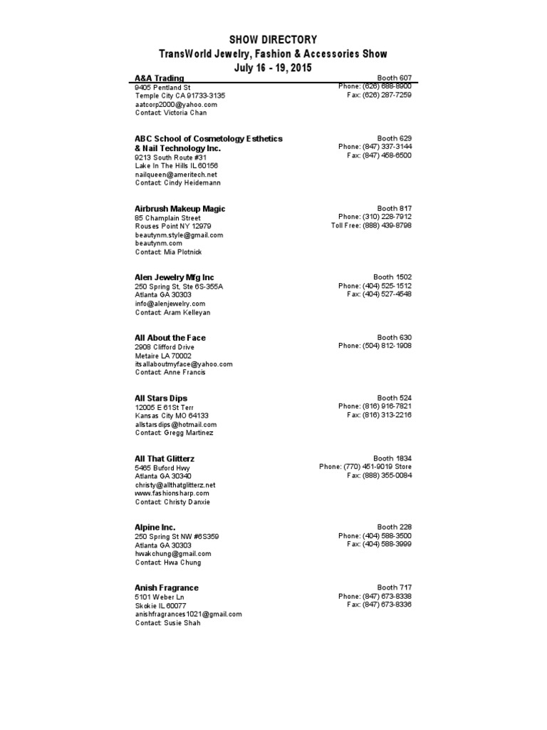 July 2015 Jfa Show Directory | PDF | Human Appearance | Fashion