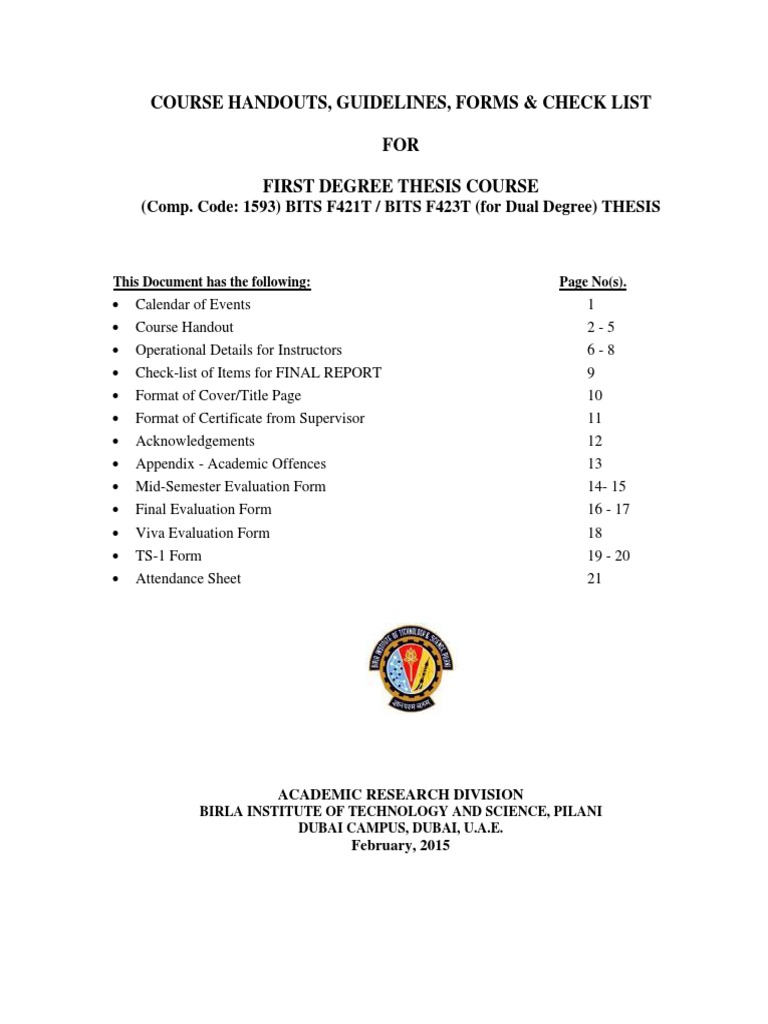 Course Handouts, Guidelines, Forms & Check List FOR First Degree Thesis ...