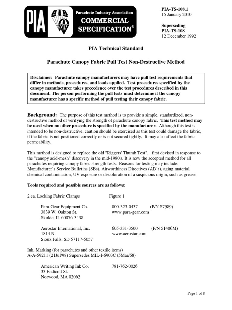 TS-108.1 Parachute Canopy Fabric Pull Test Non Destructive Method | PDF ...