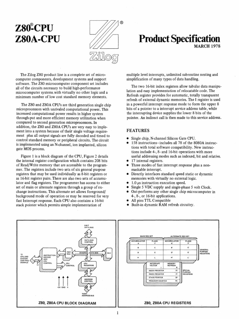 Zilog Z-80 Product Specifications | PDF | Central Processing Unit | Input/Output