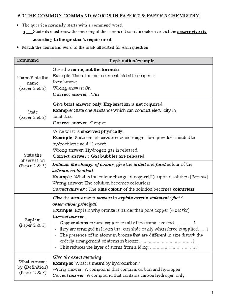 Understanding Common Command Words in Chemistry: A Guide to Answering Questions in Paper 2 and ...