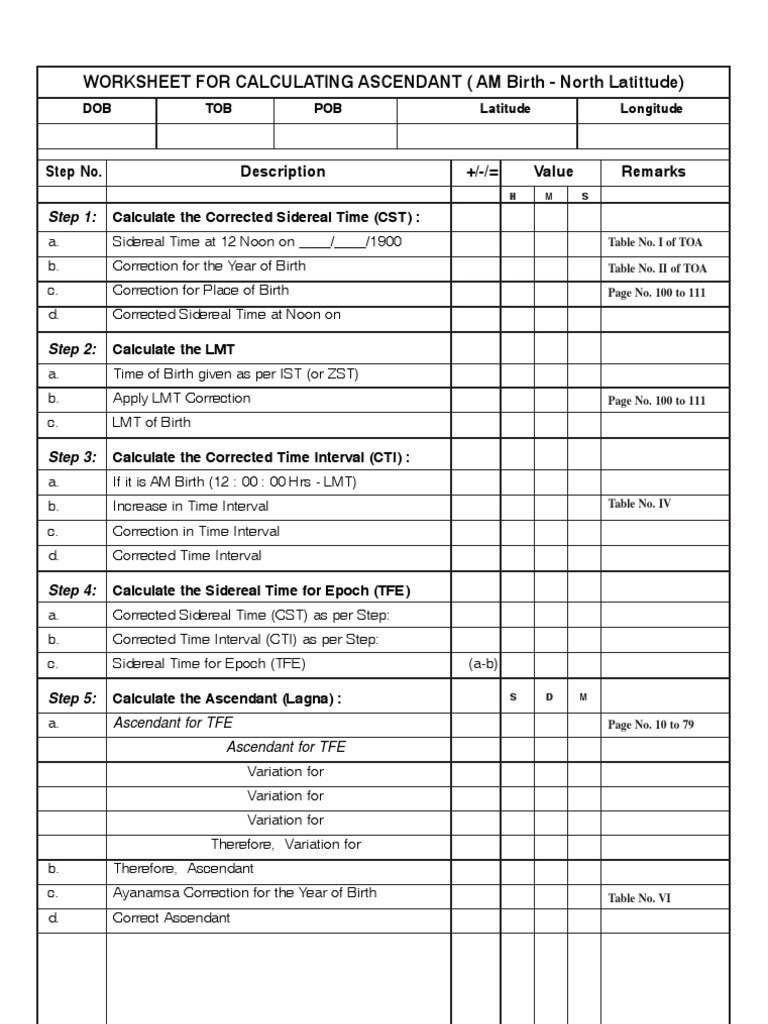 Ascendant Calculation Worksheet | PDF | Latitude | Celestial Mechanics