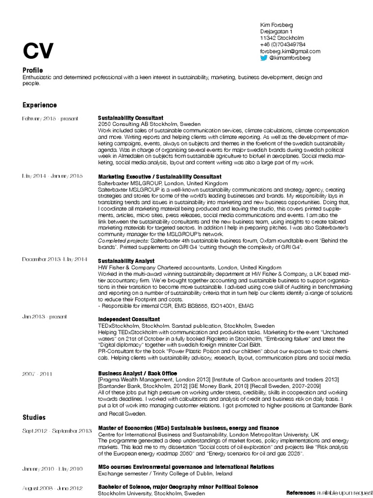 Kim Forsberg: Sustainability Consultant CV | PDF | Sweden | Sustainability