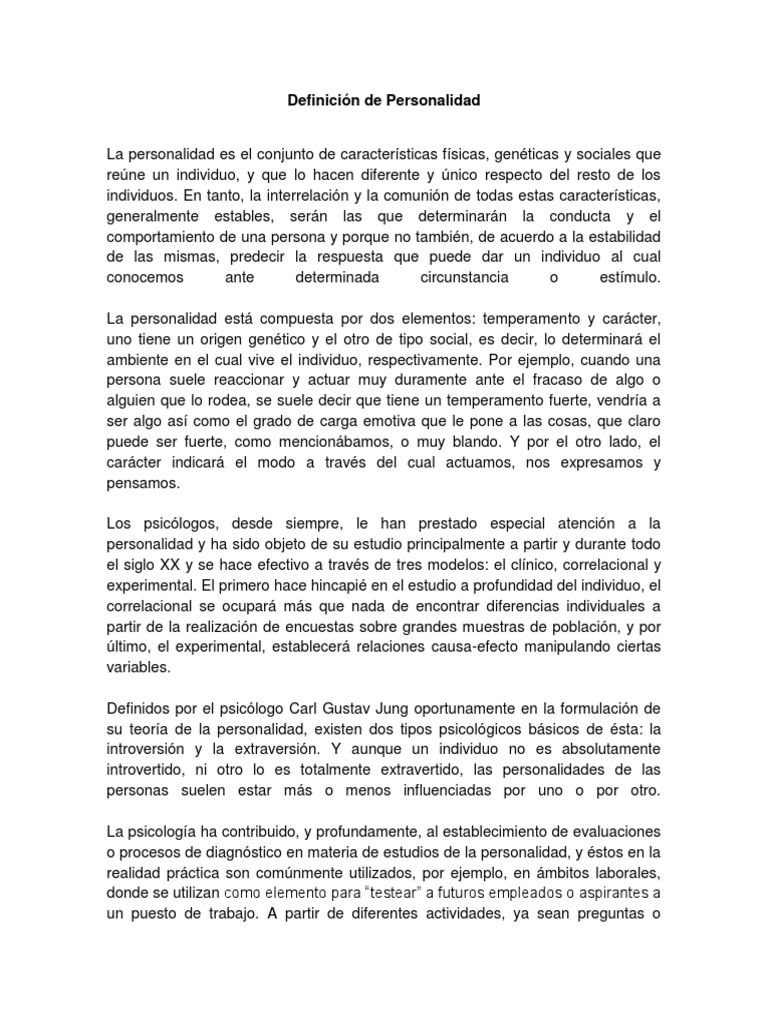 Definición de Personalidad PDF | PDF | Temperamento | Sicología