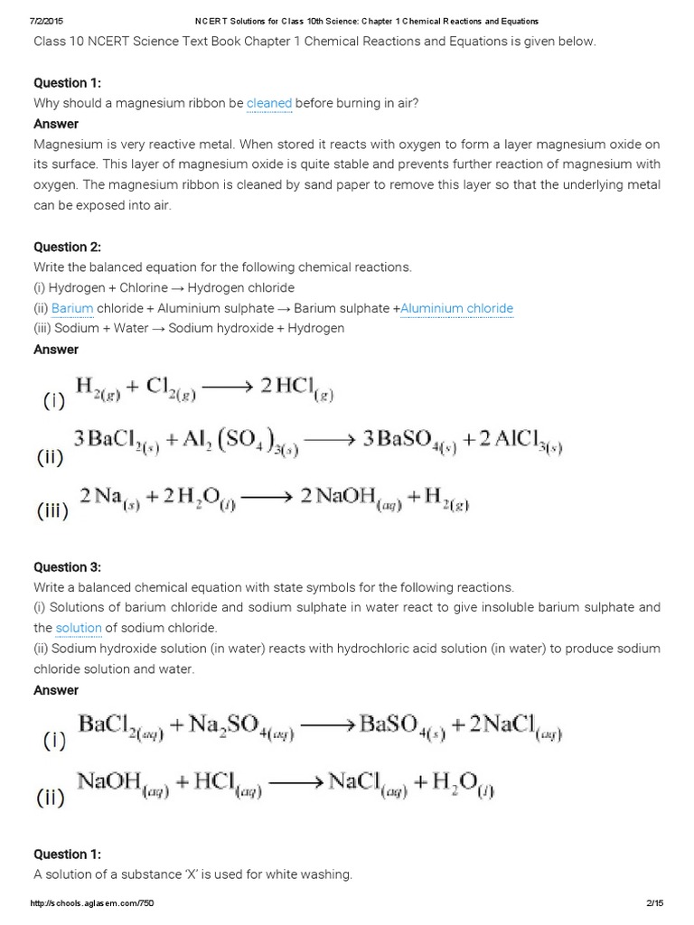 NCERT Solutions For Class 10th Science - Chapter 1 Chemical Reactions ...