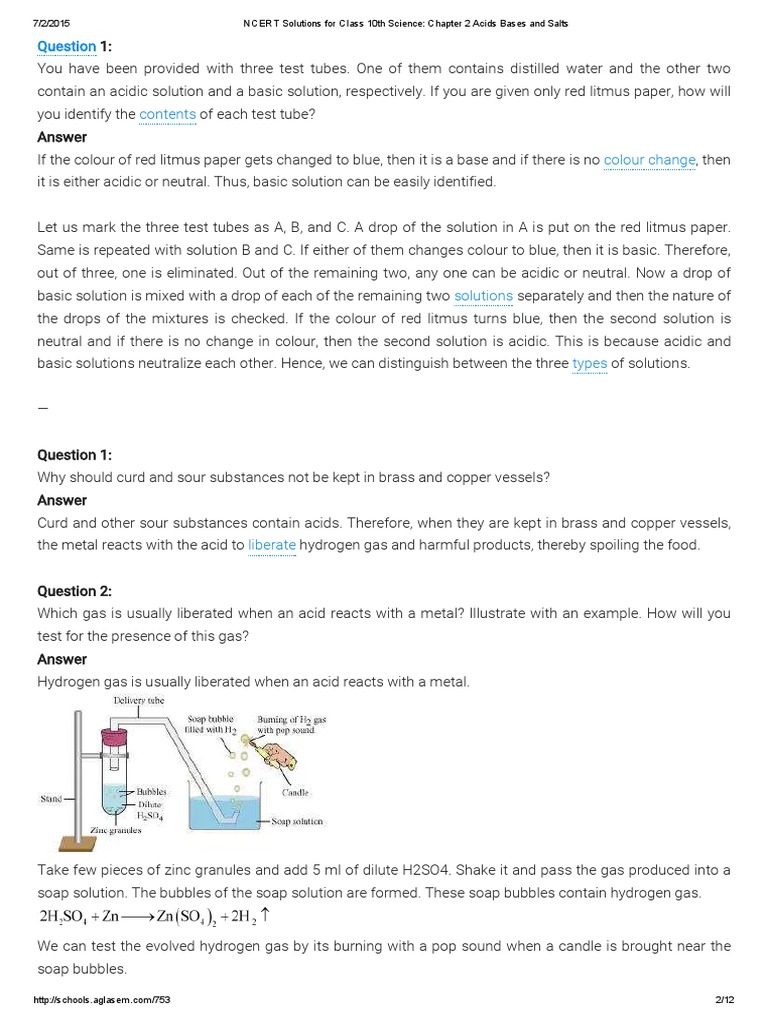 NCERT Solutions For Class 10th Science - Chapter 2 Acids Bases and ...