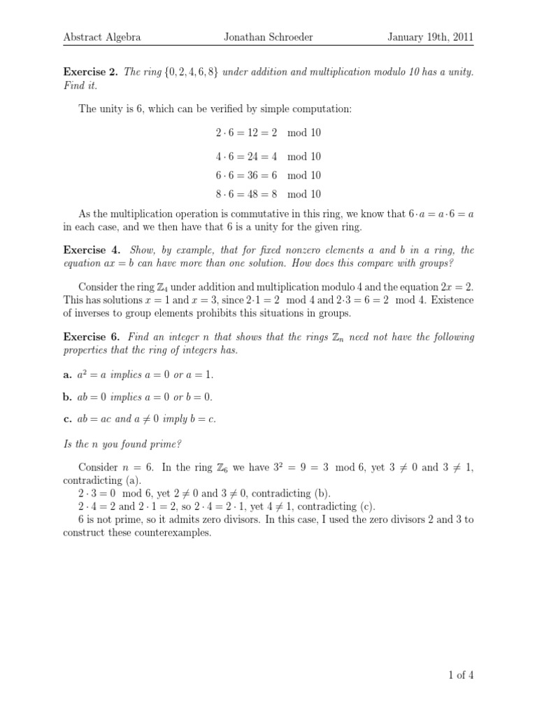Abstract Algebra Exercises and Solutions | PDF | Ring (Mathematics ...