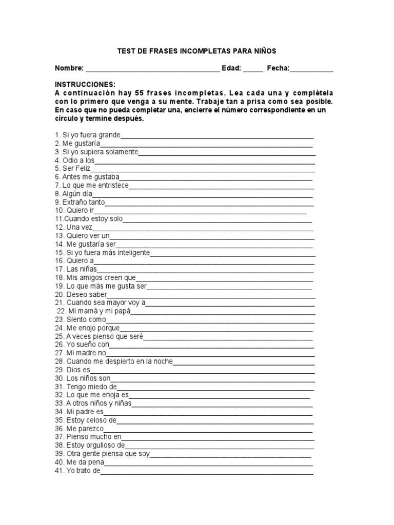 Test de Frases Incompletas Niños Sacks