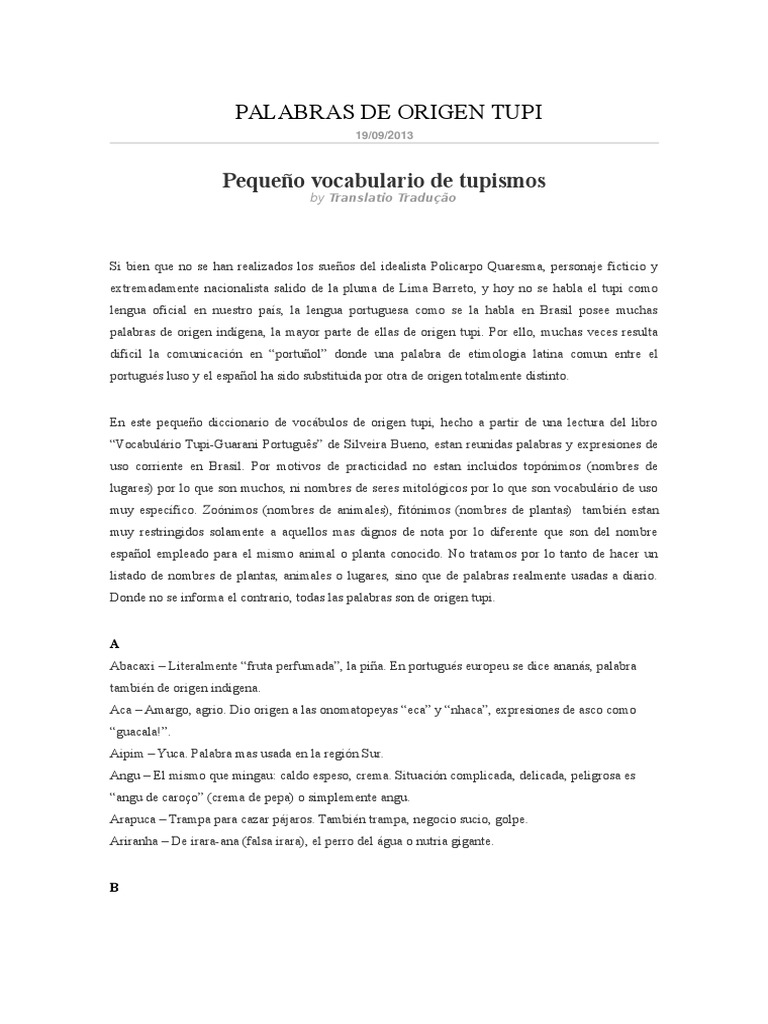 Vocabulario de Palabras Tupi | PDF | Lengua española | Lengua portuguesa