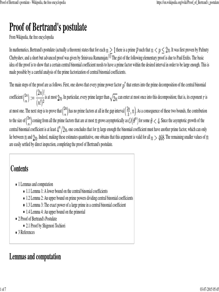 Proof of Bertrand's Postulate - Wikipedia, The Free Encyclopedia | PDF ...