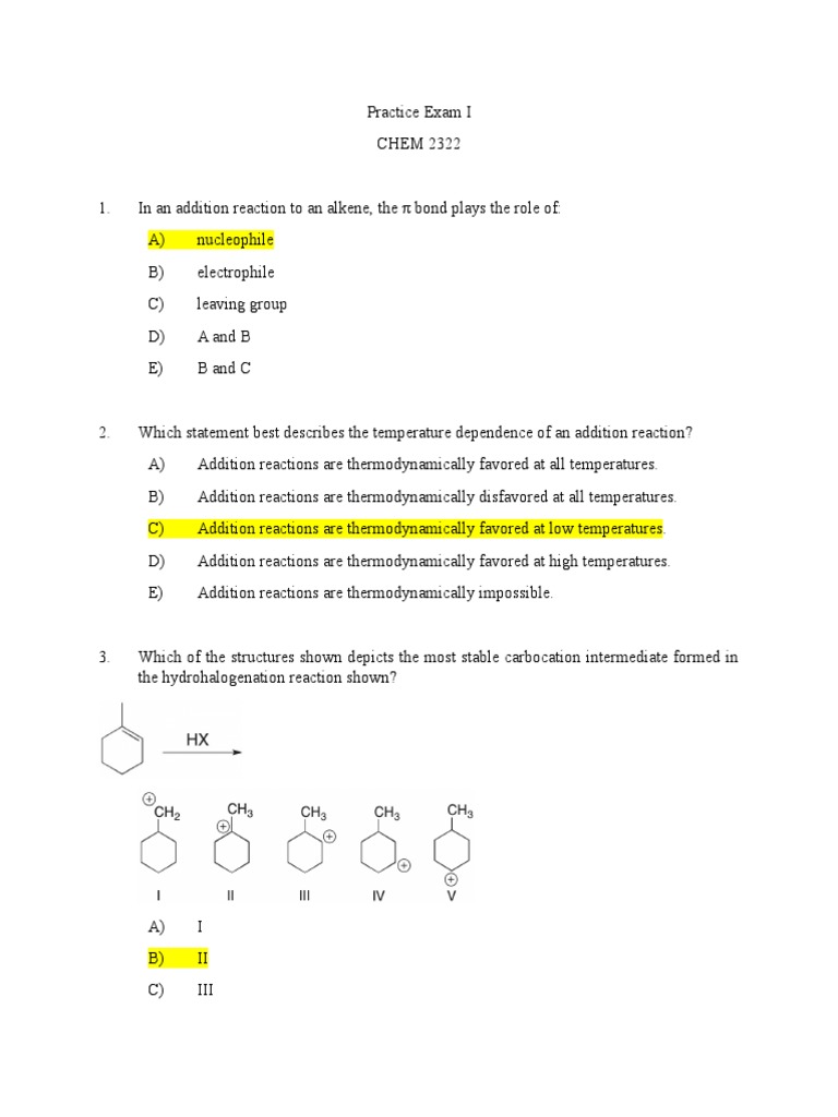 Practice Exam I - Organic Chemsitry | PDF | Alkene | Chemical Reactions