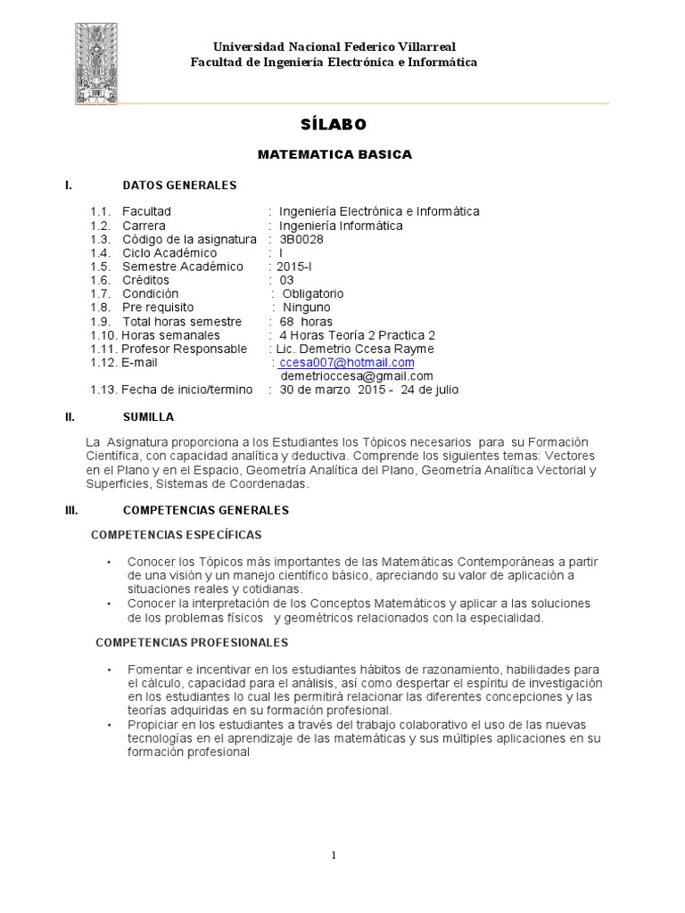 Silabo de Matematica Basica I Unfv Informatica Fiei | PDF | Espacio vectorial | Vector Euclidiano