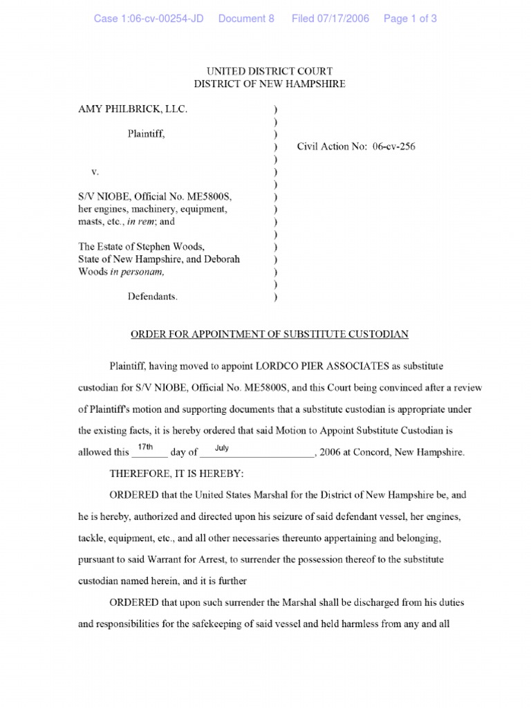 AMY PHILBRICK, LLC v. S/V NIOBE Et Al - Document No. 8 | PDF ...