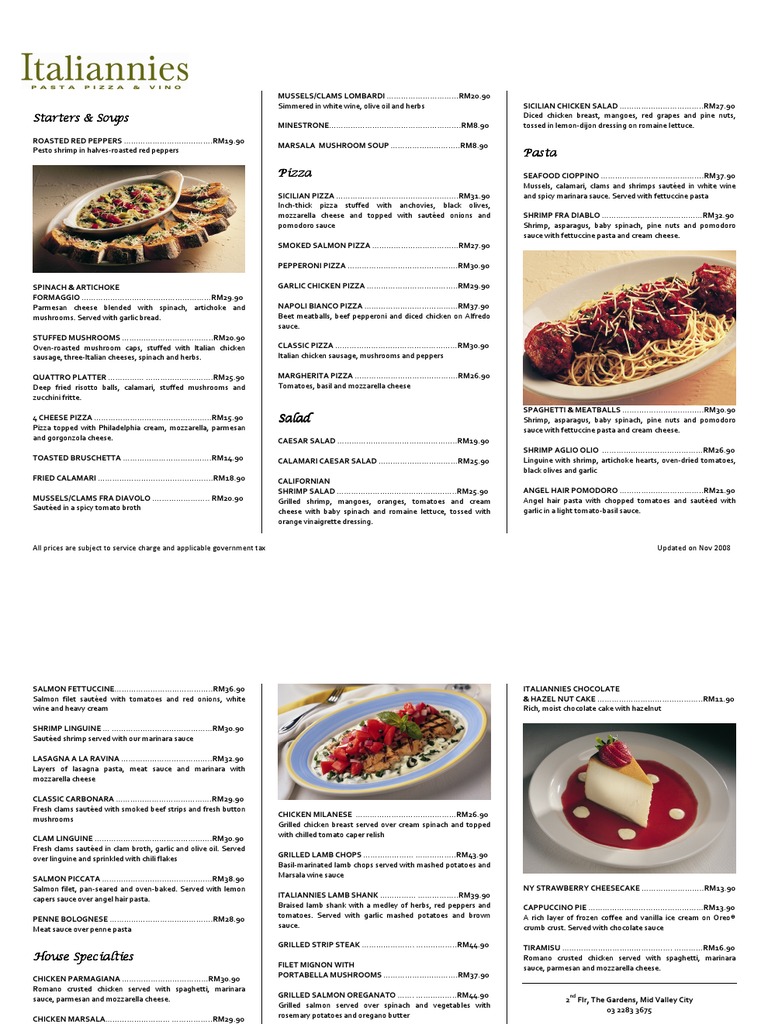 Italiannies Menu - November 2008 | PDF | Pizza | Pasta