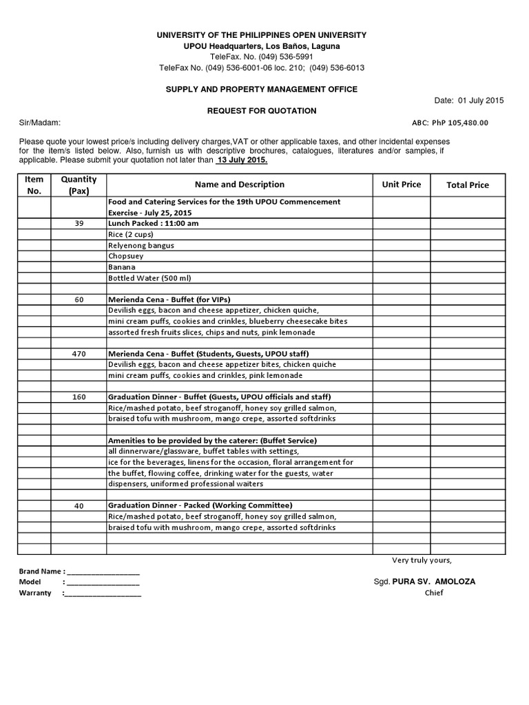Item No. Quantity (Pax) Total Price Name and Description Unit Price ...