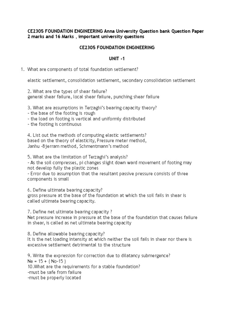 CE2305 Foundation Engineering Question Bank | PDF | Deep Foundation | Soil