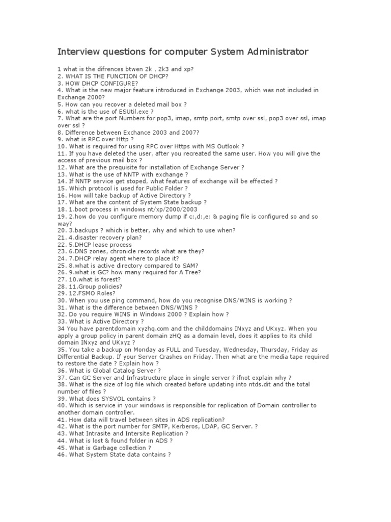 Computer Network System Administrator Interview Question | PDF | Active ...