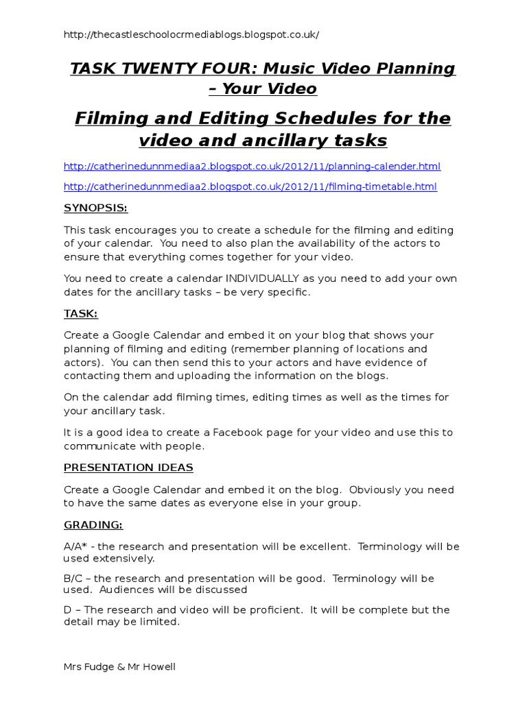 Task 24 - Filming and Editing Schedule | PDF | Art
