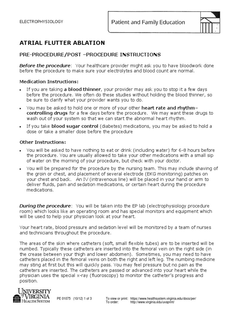 Atrial Flutter Ablation Pre Procedure Post Procedure Instructions Pdf Atrium Heart Heart