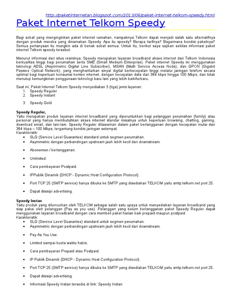 Paket Internet Telkom Speedy | PDF