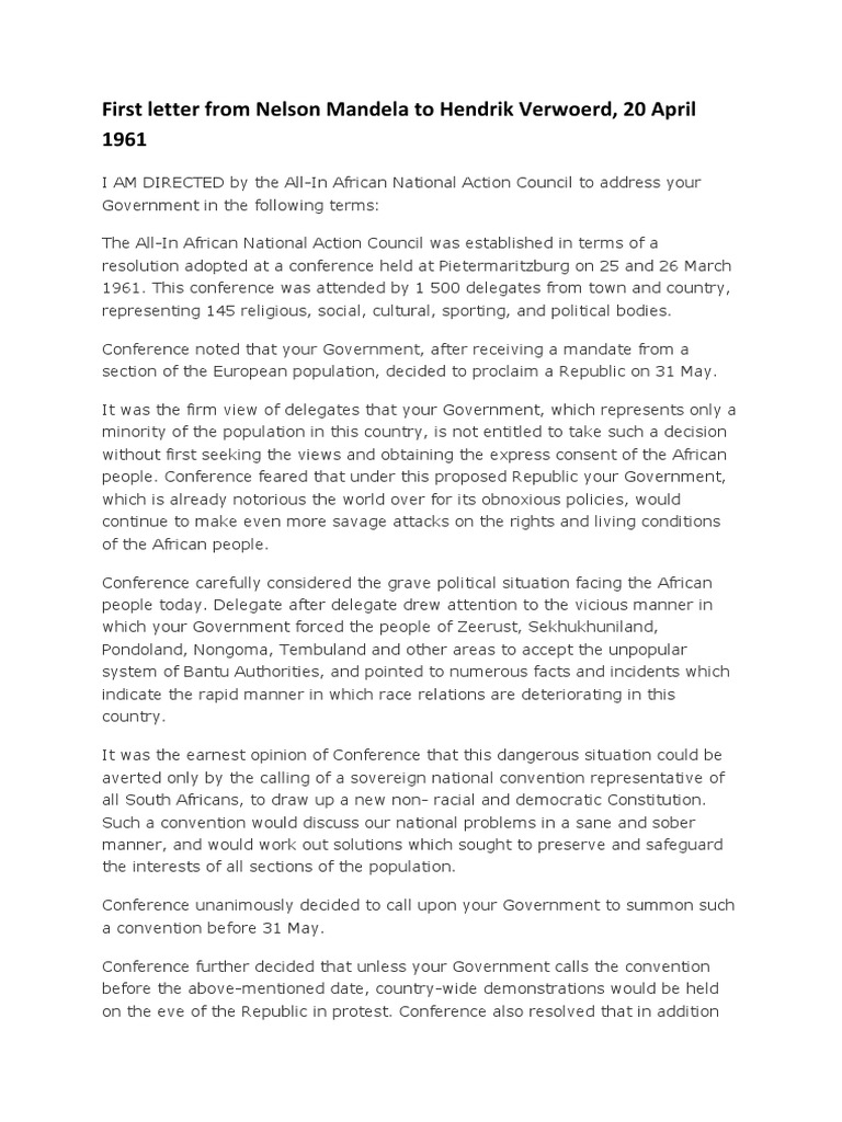 Mandela's First Letter To Verwoerd | PDF | Apartheid | Nelson Mandela