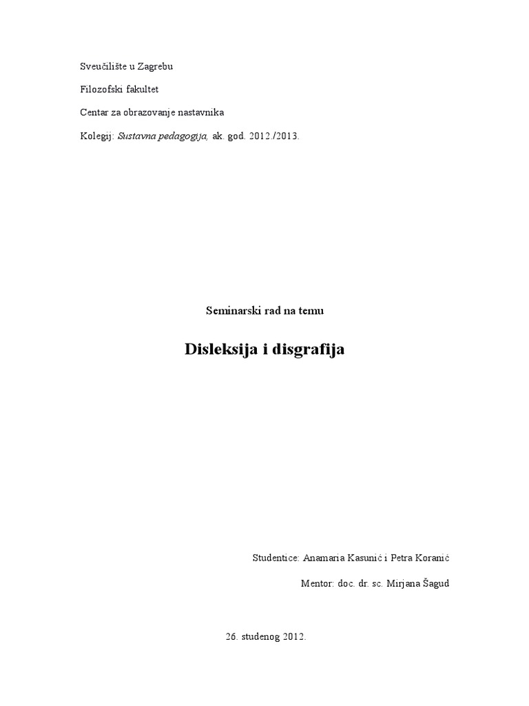 Seminar-Disleksija I Disgrafija | PDF