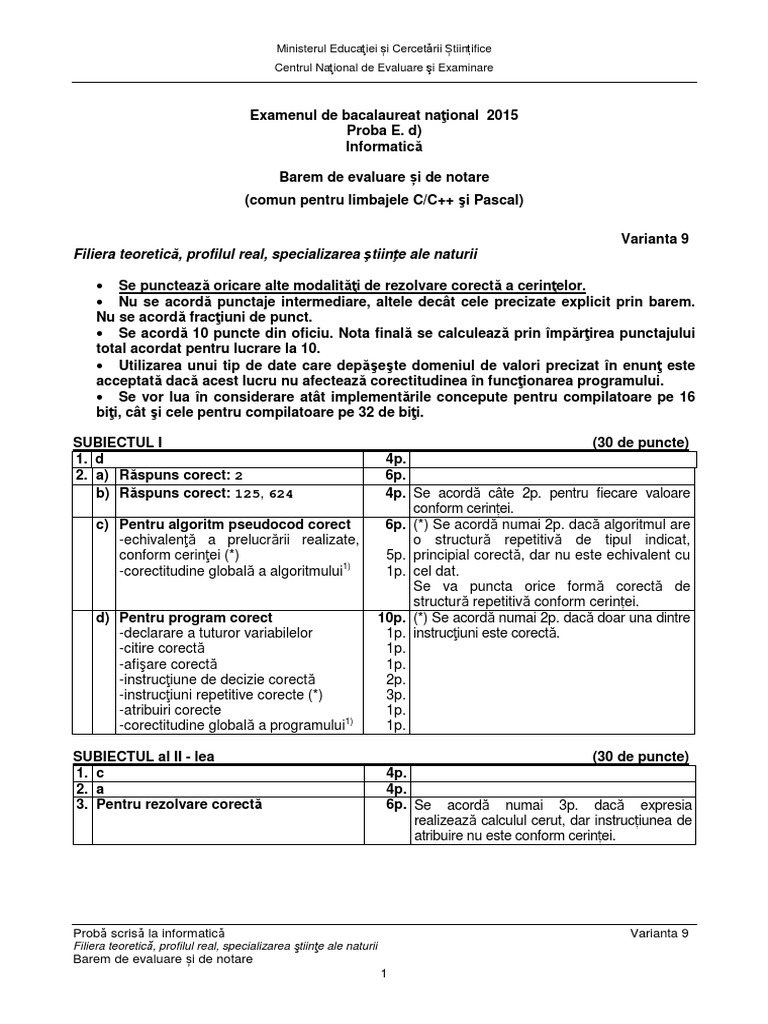 Barem de Corectare Informatică Științele Naturii Bac 2015 | PDF