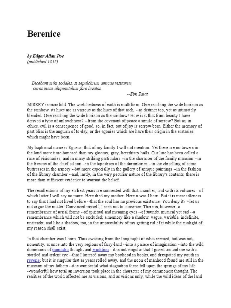 Berenice: by Edgar Allan Poe | PDF | Dream | Mind