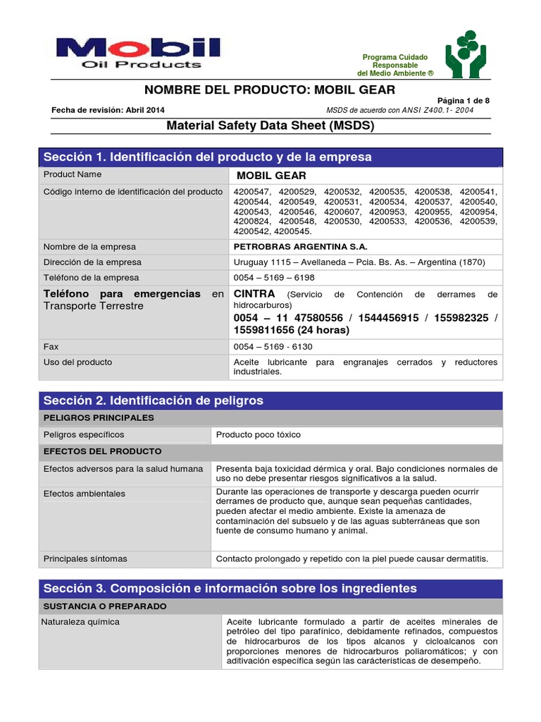Msds Aceites para Engranajes Mobil Gear PDF | PDF | Contaminación | Agua